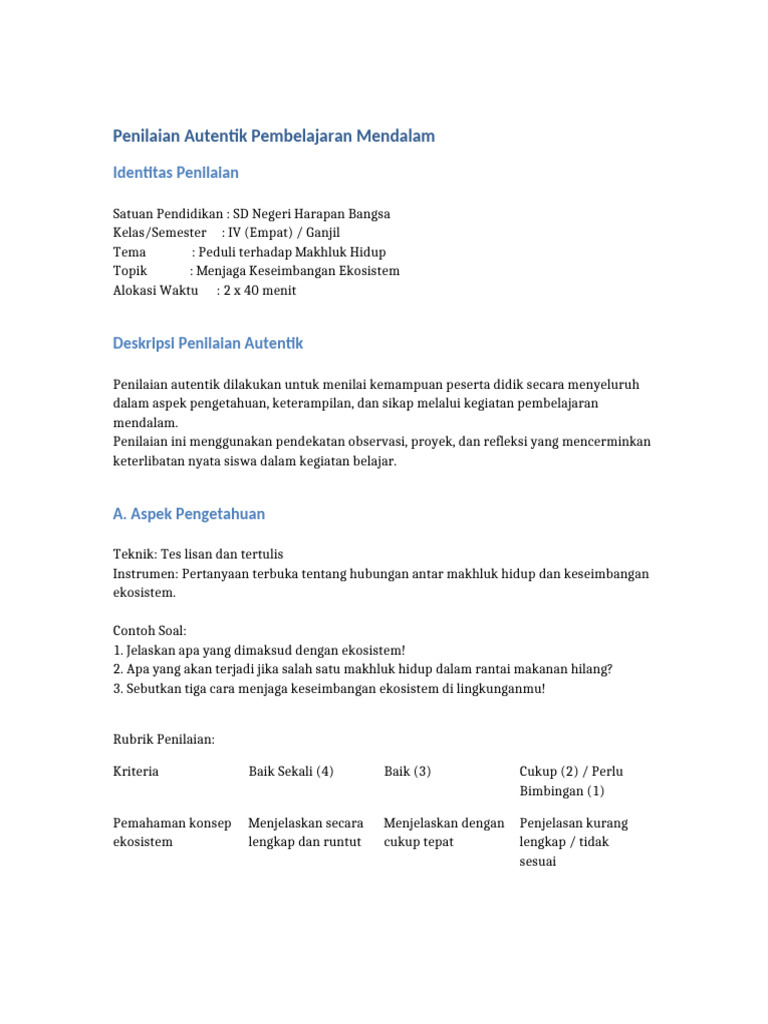 Penilaian Autentik Ekosistem SD Kelas IV | PDF