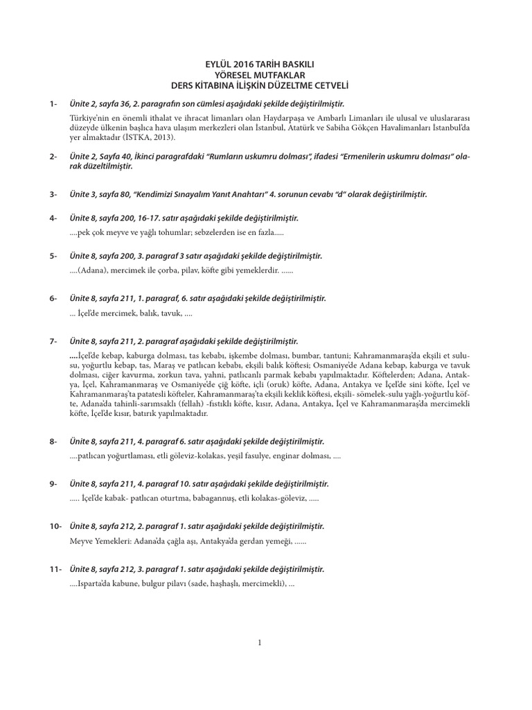 Yoresel Mutfaklar Eylul 2016 Duzeltme Cetveli | PDF