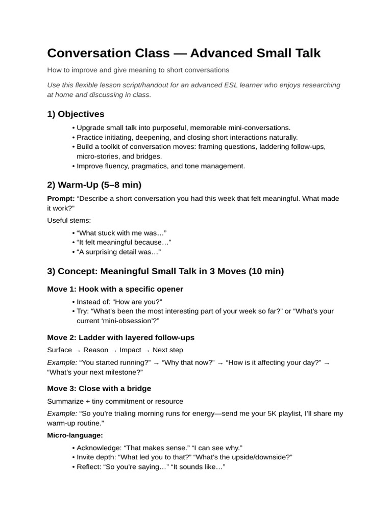 Advanced Small Talk Conversation Class | PDF | Human Communication ...