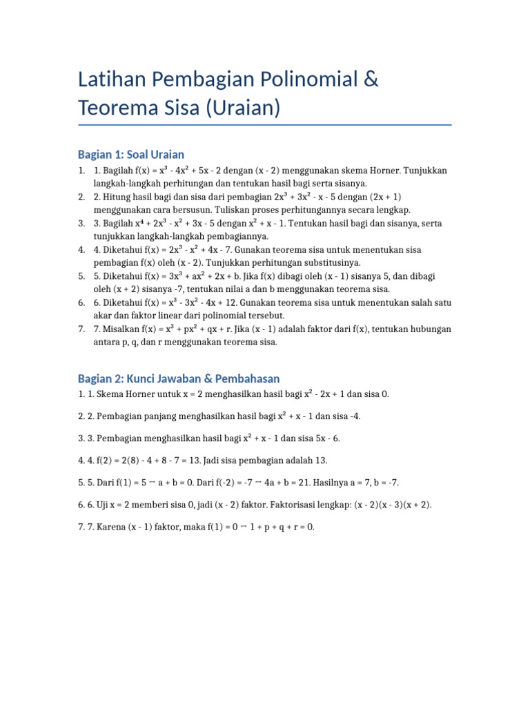 Latihan Pembagian Polinomial & Teorema Sisa | PDF