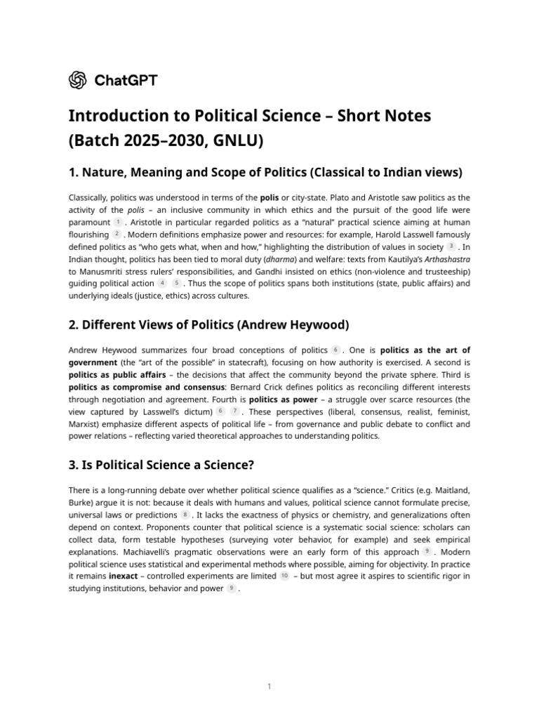 Introduction To Political Science - Short Notes (Batch 2025-2030, GNLU ...