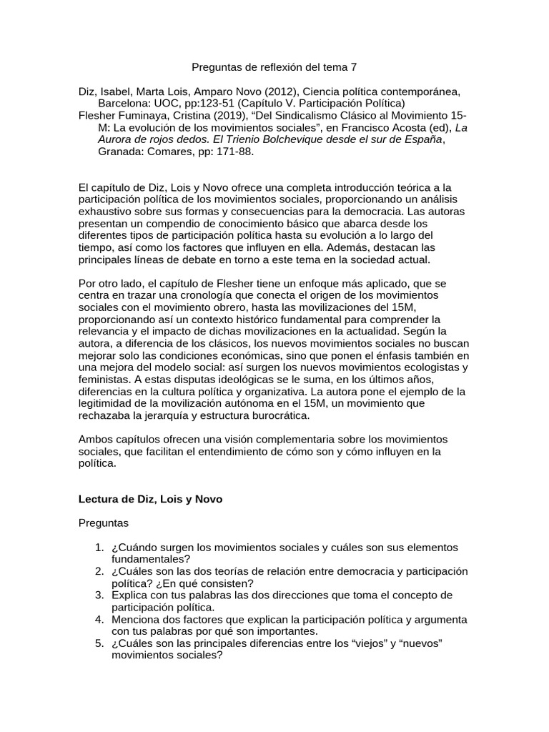 Preguntas de Reflexion Tema 7 | PDF | Movimientos sociales | Ciencias ...