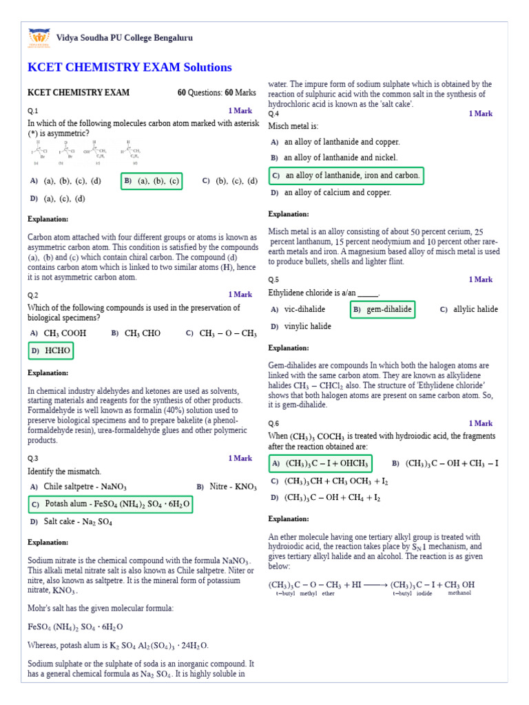 Kcet Ans | PDF | Chemical Reactions | Electrochemistry