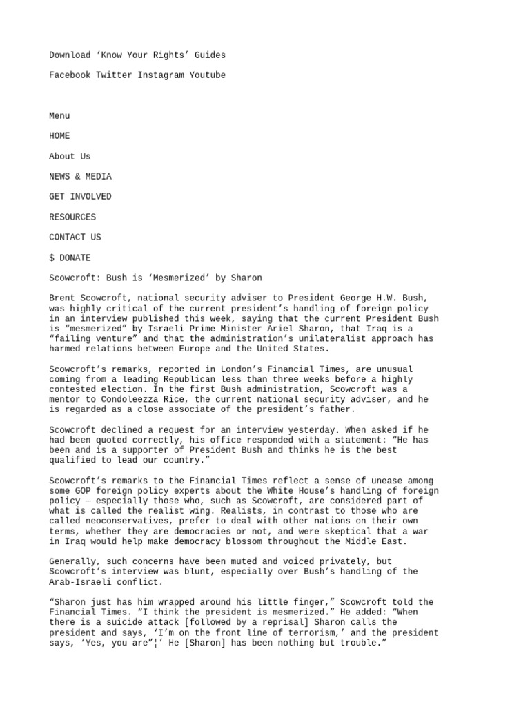 Scowcroft Bush Is Mesmerized by Sharon | PDF | Gaza Strip | George W. Bush