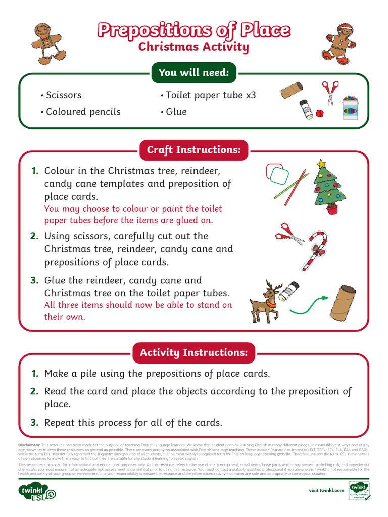 Christmas Prepositions Craft Activity | PDF | English As A Second Or ...