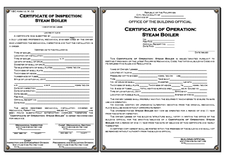Steam Boiler Operation Certificate Template | PDF | Boiler