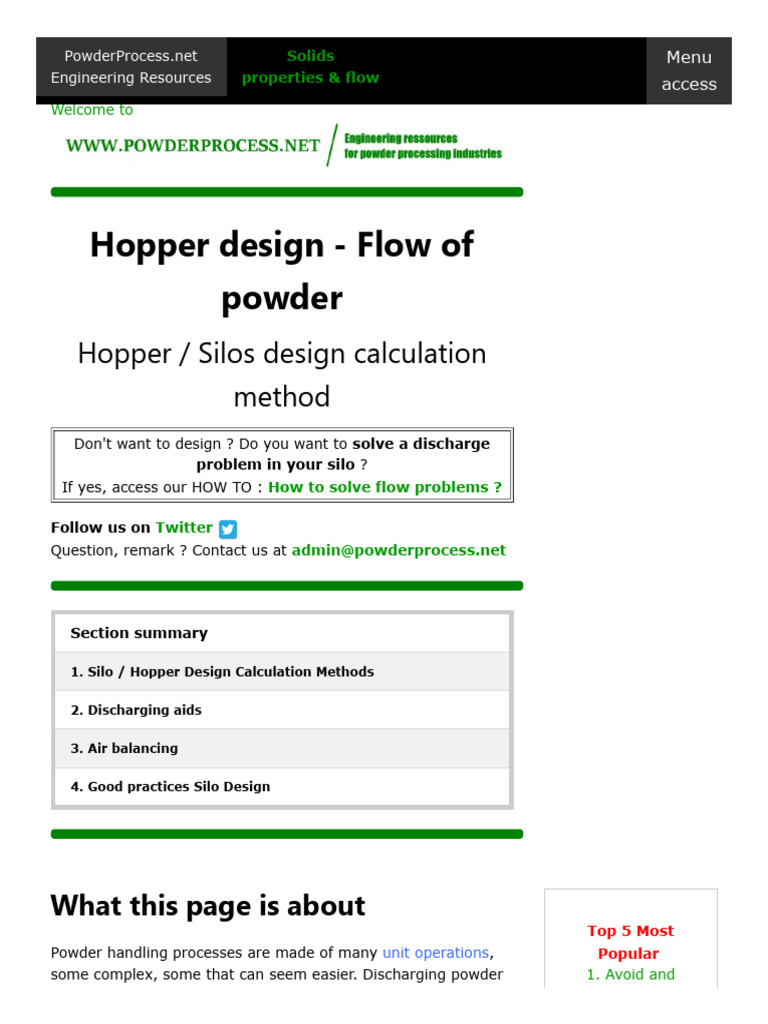 Hopper Design - Flow of Powder | PDF | Friction | Valve