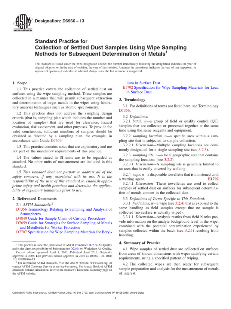 Wipe Sampling for Dust Metal Analysis | PDF | Dust | Plastic