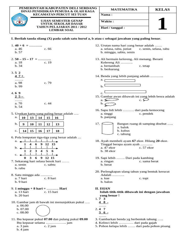 Soal Mate Kls 1 Genap | PDF