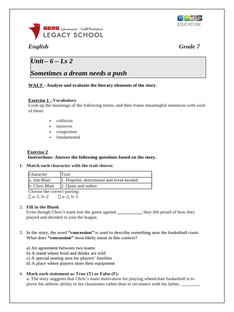 Grade 7 English: Analyzing "Sometimes a Dream Needs a Push" | PDF ...