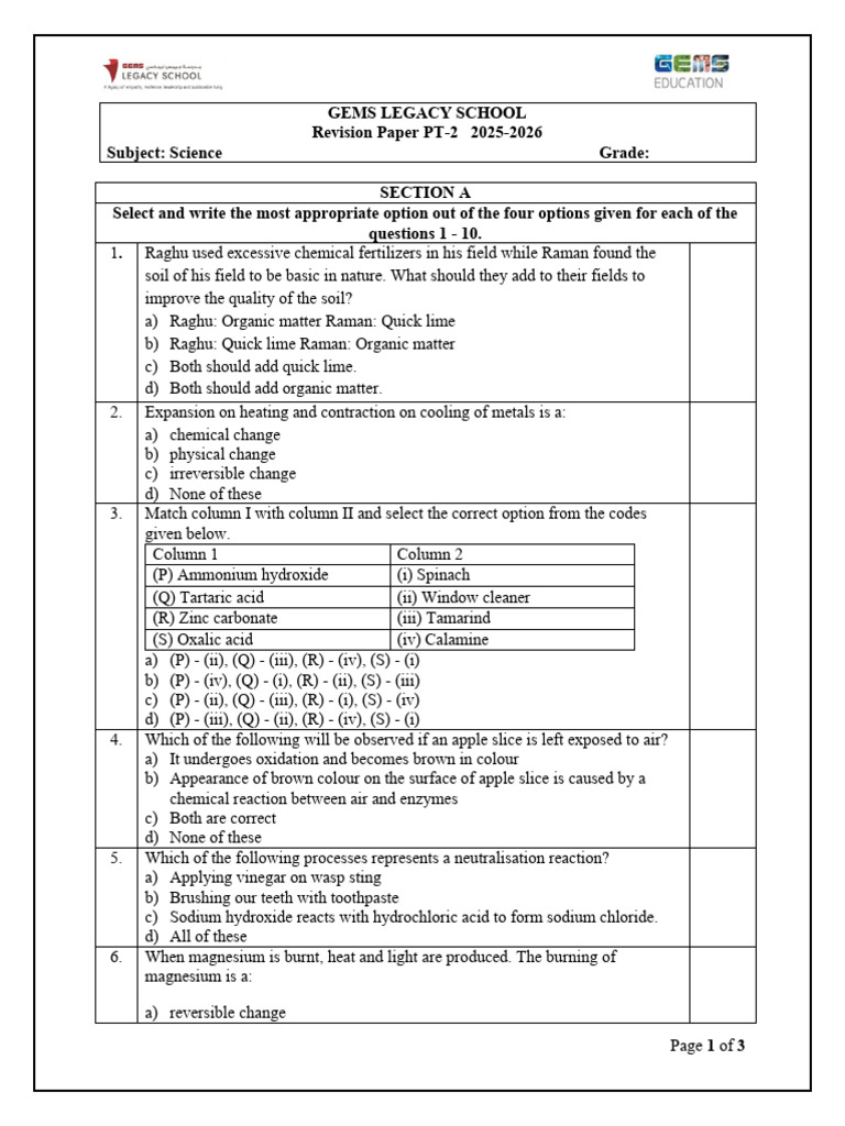 Grades 7 Science PT2 Revision Worksheet | PDF | Acid | Chemical Substances