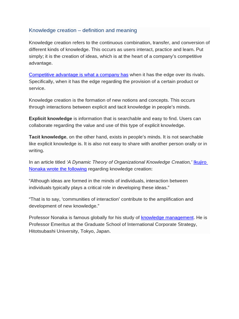 Knowledge Creation | PDF | Knowledge | Knowledge Economy