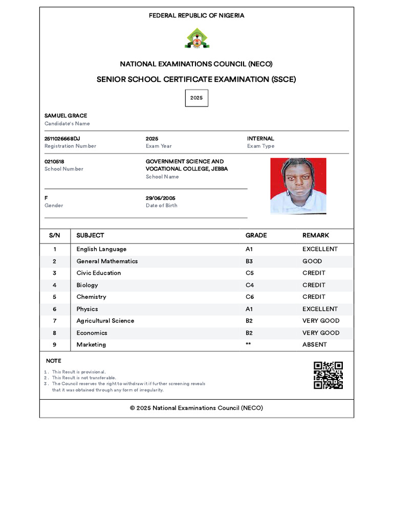 NECO 2025 SSCE Results for Samuel Grace | PDF