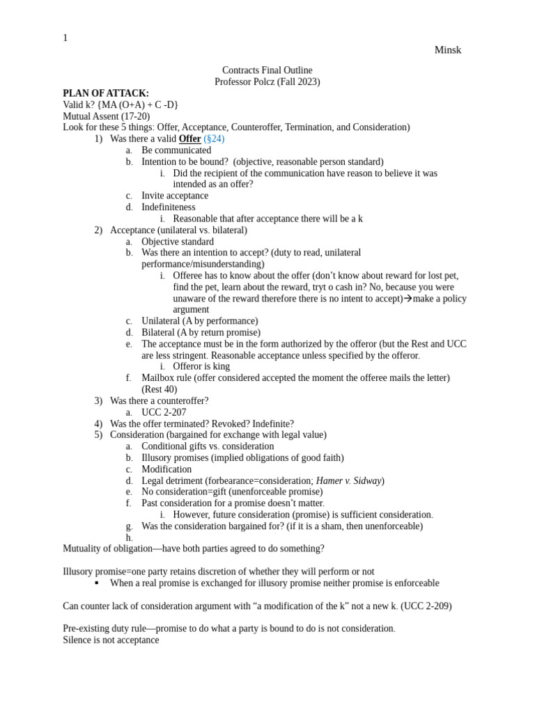 Contracts Final Outline | PDF | Offer And Acceptance | Consideration