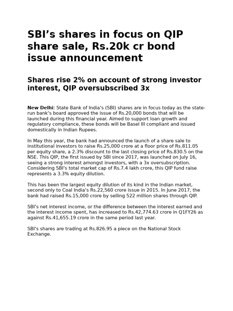 SBI To Issue 20000cr Bonds | PDF