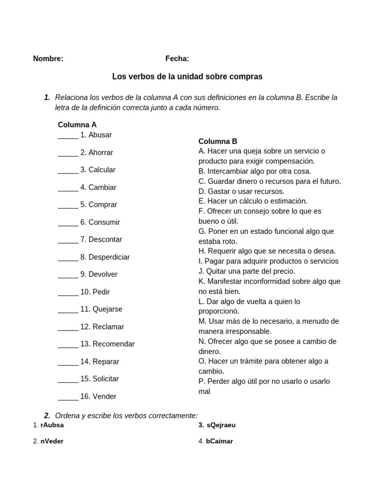 Verbos de la unidad 8 | PDF