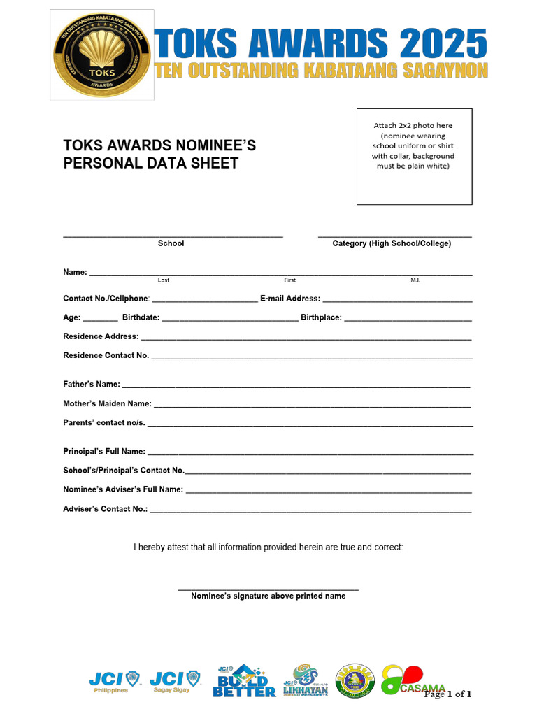 Annex B Toks Awards Nominees Personal Data Sheet | PDF