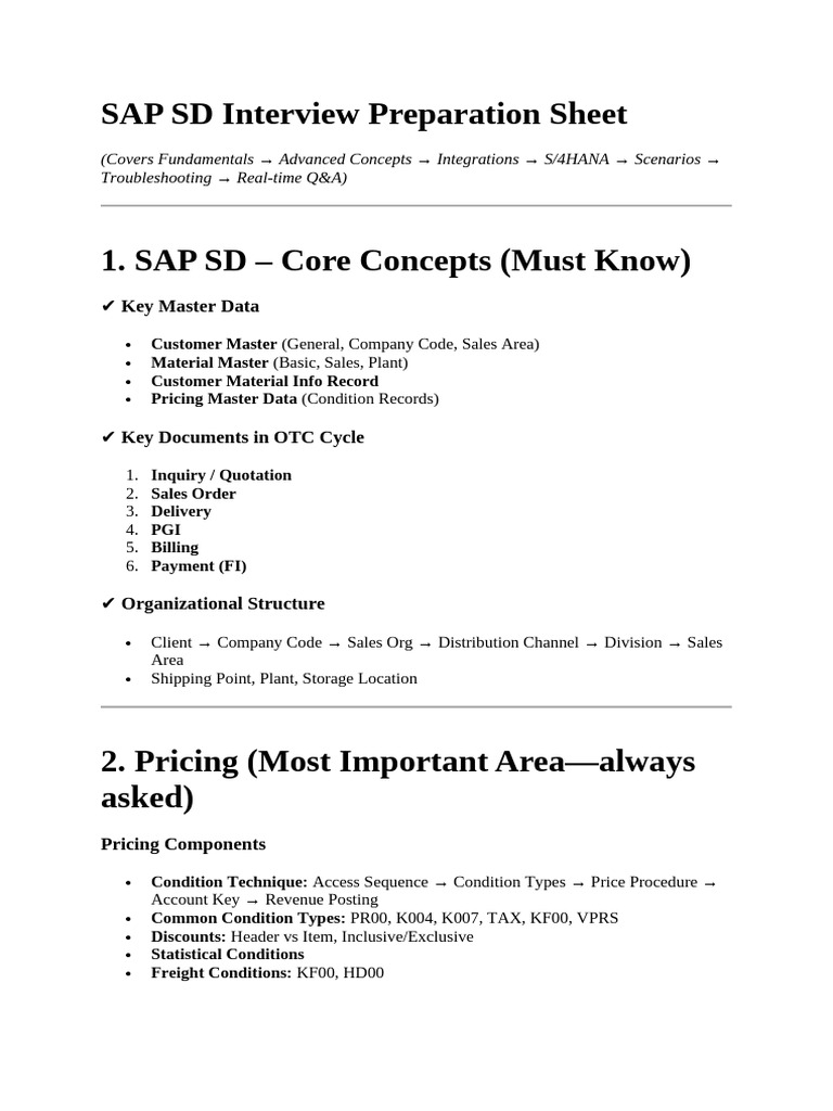 SAP SD Interview Preparation Sheet | PDF | Pricing | Invoice