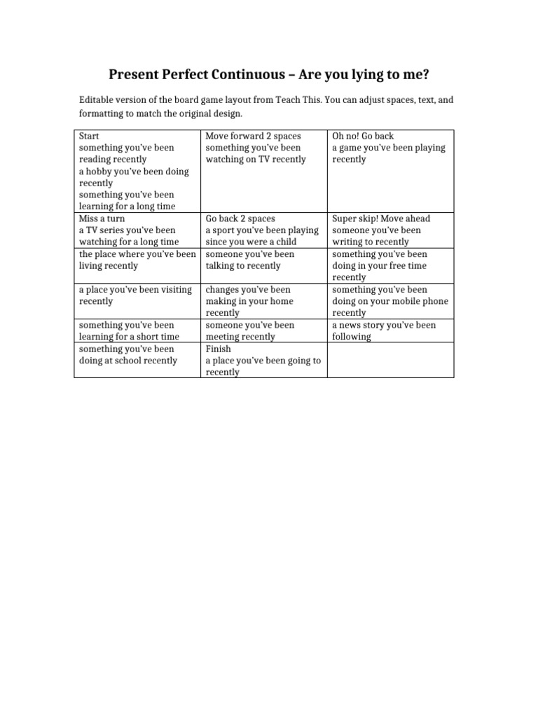 Present Perfect Continuous Board Game | PDF