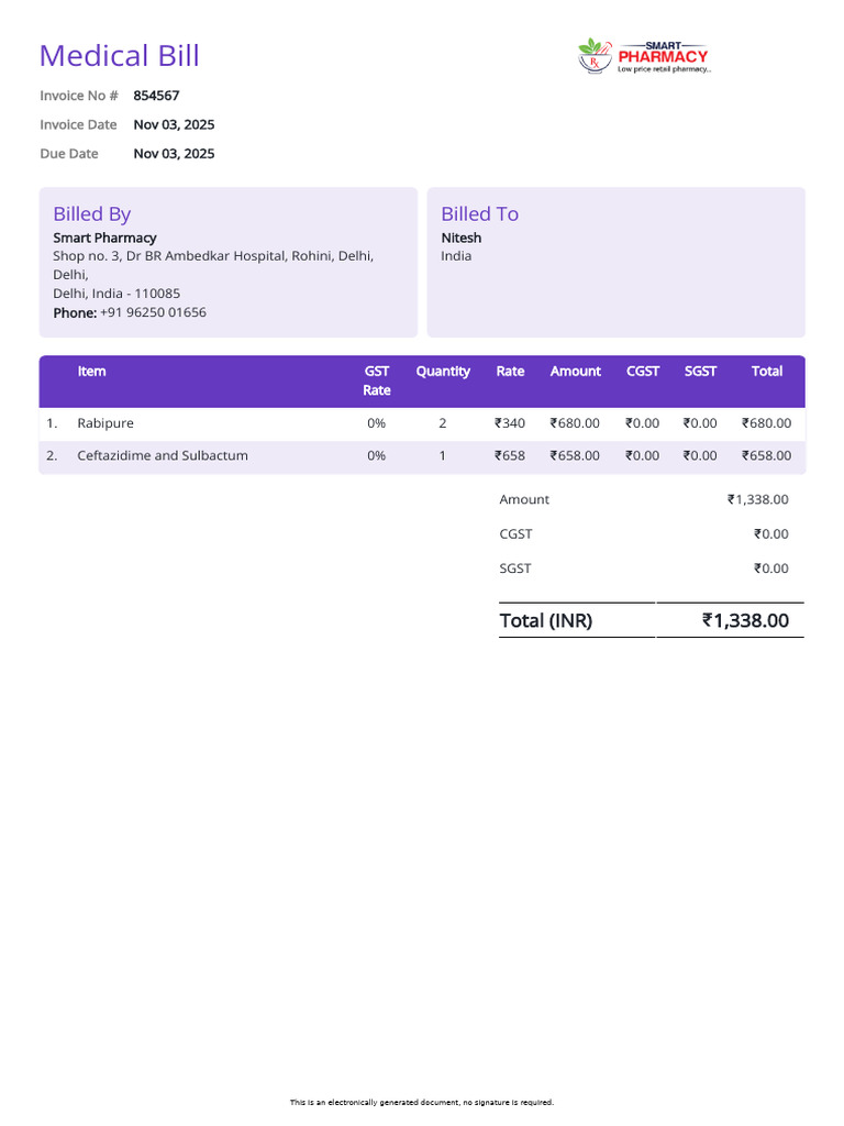 Invoice 854567 Smart Pharmacy Nitesh | PDF