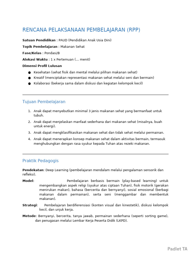 RPP Makanan Sehat untuk PAUD | PDF