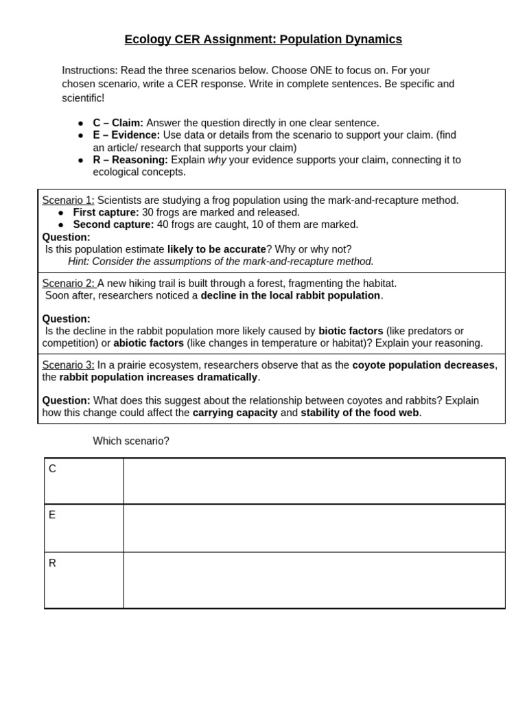 Q1 Ecology CER Assignment_ Population Dynamics | PDF
