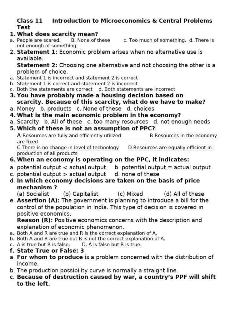Microeconomics Test: Scarcity & PPC Concepts | PDF | Macroeconomics ...