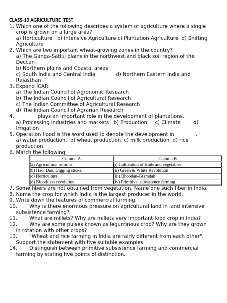 Class-10 Agriculture Test | PDF