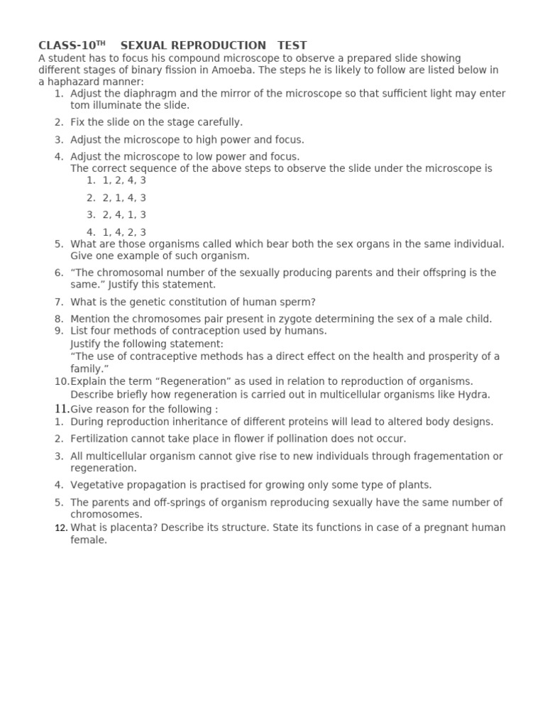 Class-10th Sexual Reproduction Test | PDF