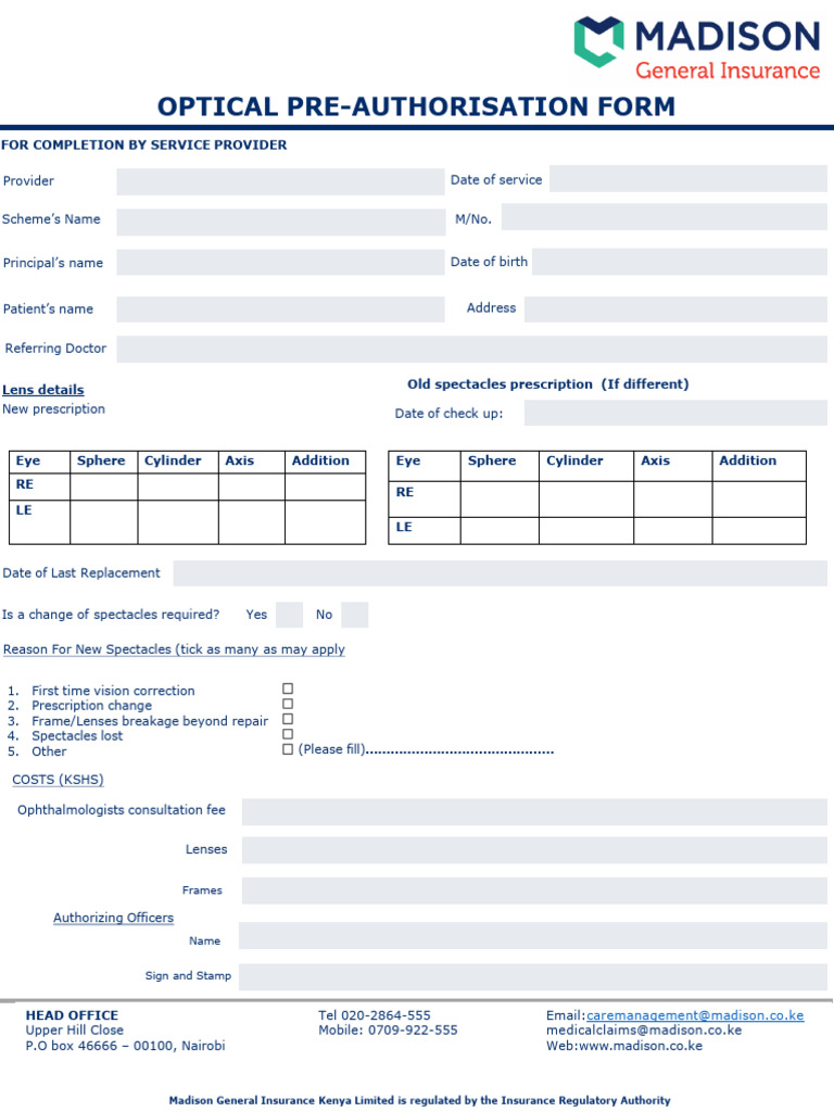 Madison Optical Pre-Authorisation Form | PDF
