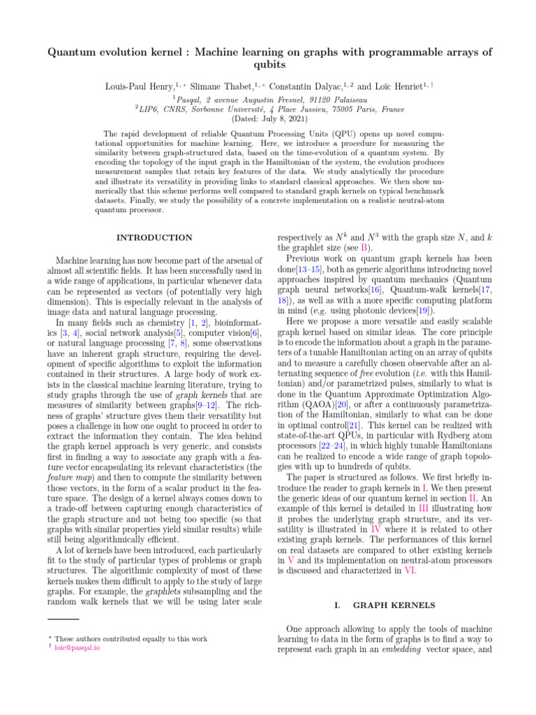 Quantum Evolution Kernel: Machine Learning On Graphs With Programmable Arrays of Qubits | PDF ...