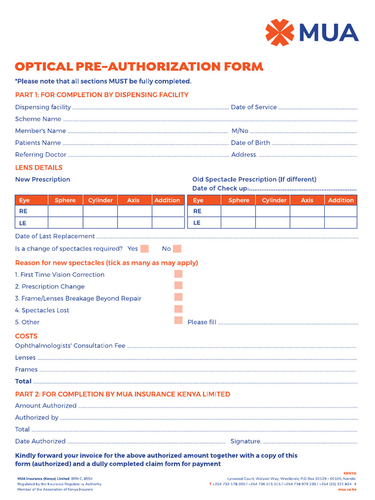 Mua Optical Pre-Authorization Form | PDF