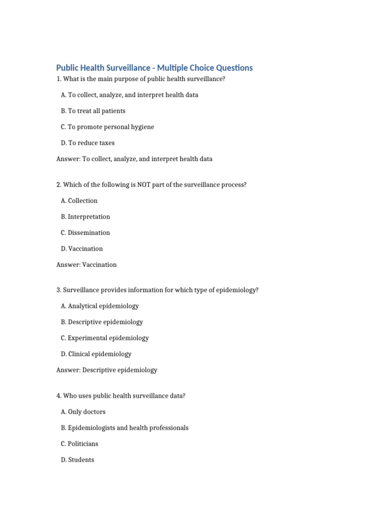 Public Health Surveillance Quiz Questions | PDF | Epidemiology | Public ...