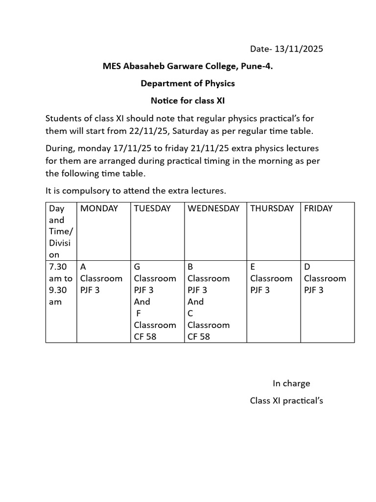 Class XI - Notice Regarding Practicals and Extra Lecture | PDF