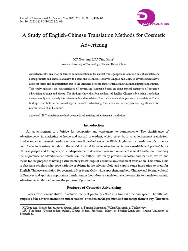 A Study of English-Chinese Translation Methods For Cosmetic Advertising ...