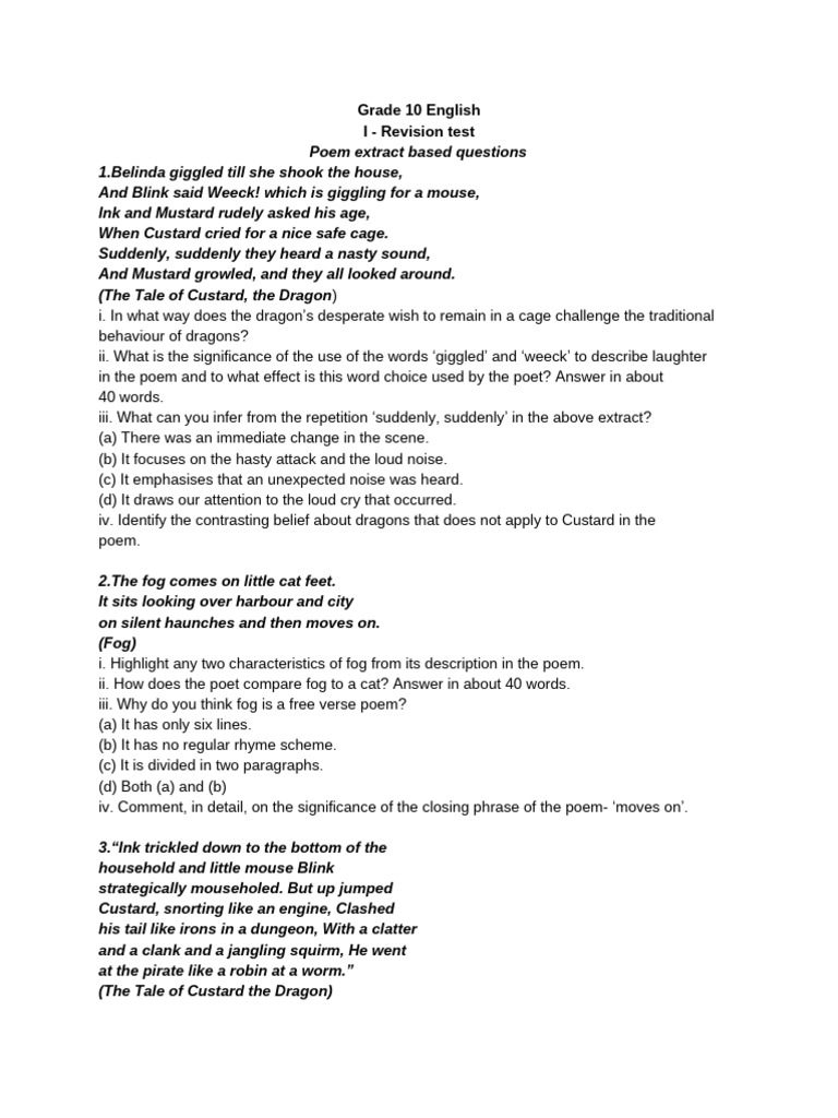 Grade 10 English Poem Extract Based Questions | PDF | Poetry