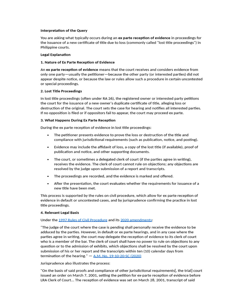 Ex Parte Evidence in Lost Title Cases | PDF | Ex Parte | Evidence