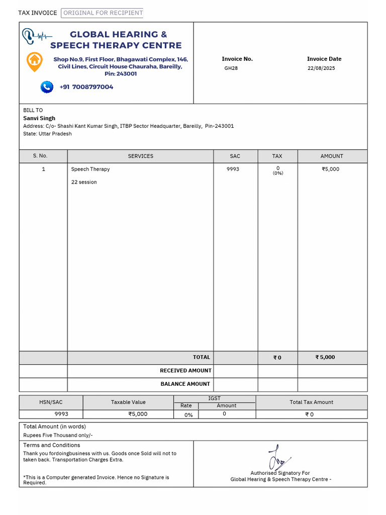 Speech Therapy Invoice - ₹5,000 | PDF