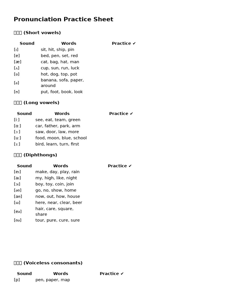 Pronunciation Practice Sheet | PDF