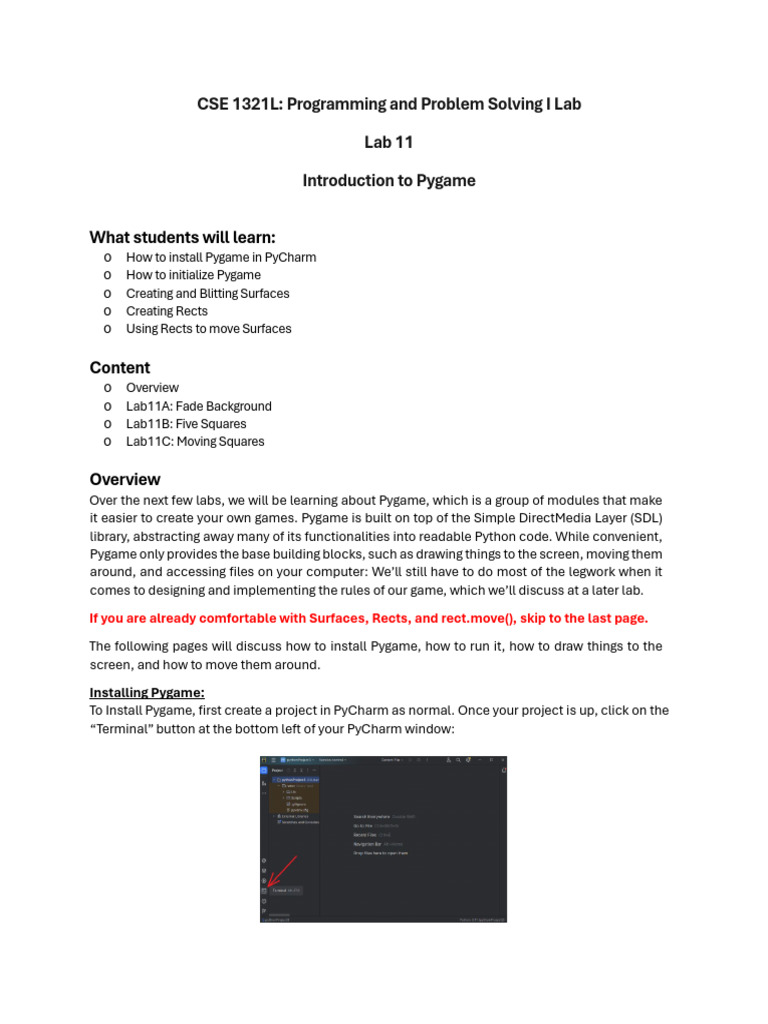 m4-lab-11-pygame-part-1-v1.2 | PDF | Pixel | Computing