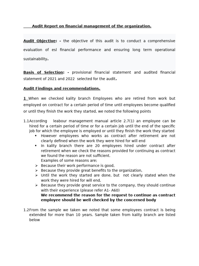 Audit Report On Head Office and Kality Branch Human Resource Department ...