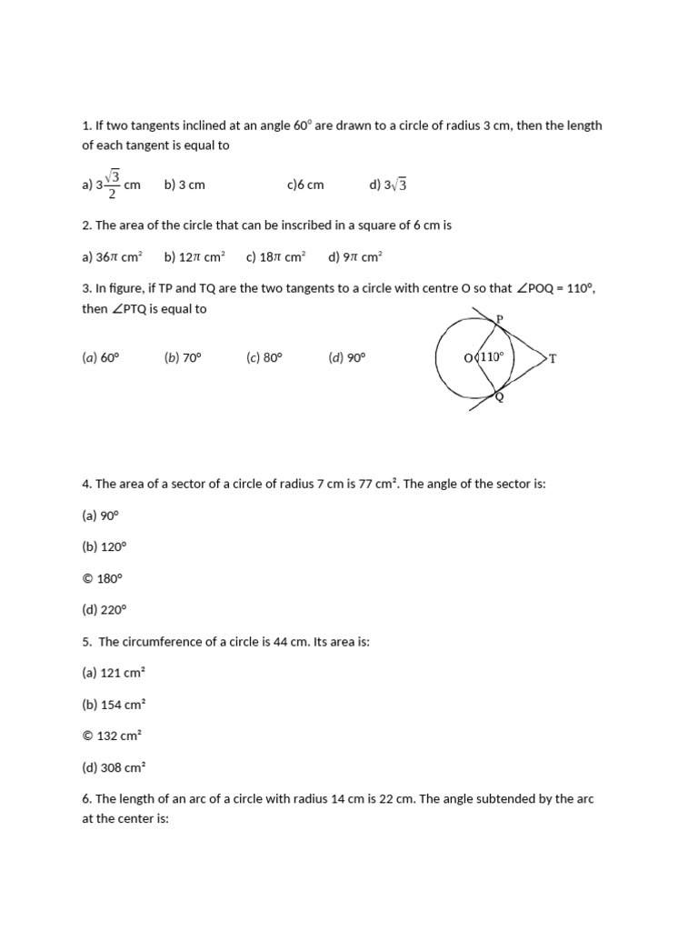 Revision Worksheet of Maths 10 | PDF | Circle | Area