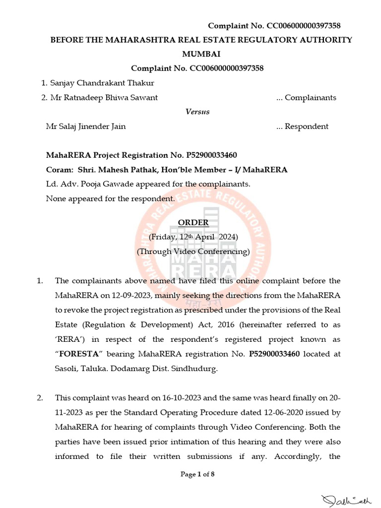 Salaj Jain Rera Complaint | PDF | Complaint | Common Law