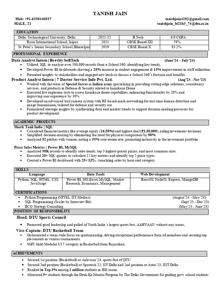 Tanish Jain DA Resume | PDF | Computing