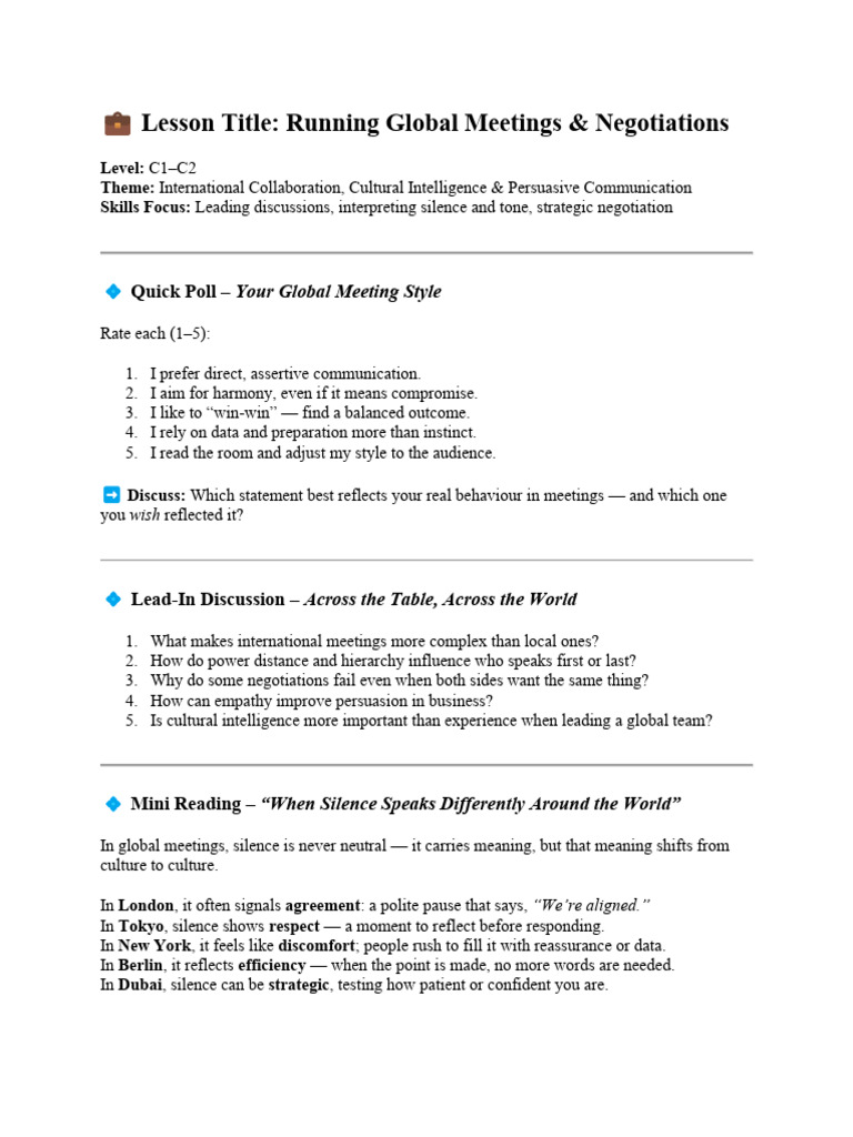 Running Global Meetings Negotiations | PDF | Negotiation | Silence