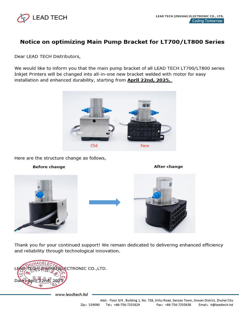 Notice On Optimizing Main Pump Bracket For LT800 and LT700 Series | PDF