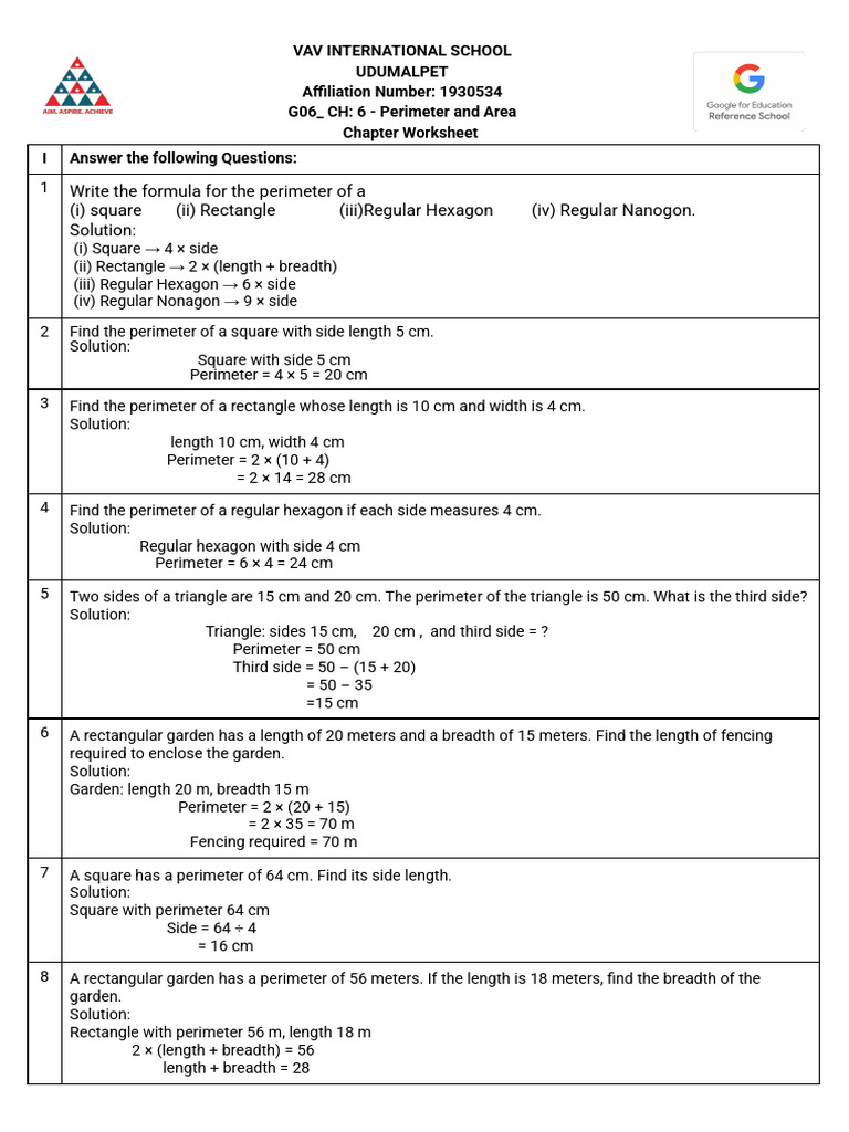 Perimeter and Area Worksheet for Students | PDF | Length | Area