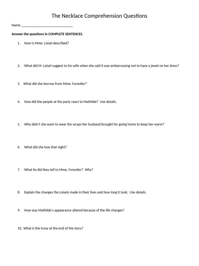 The Necklace Comprehension Questions | PDF