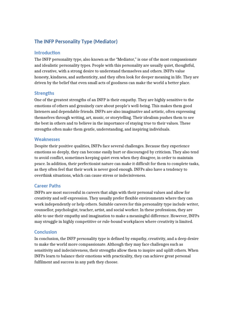 INFP Personality Type Essay | PDF | Empathy | Creativity