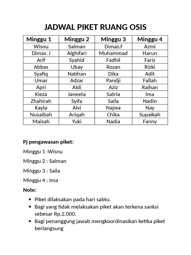 Jadwal Piket Ruang Osis | PDF